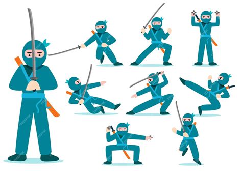 Free Vector Set Of Ninja Assassins In Green Suit With Weapon Sword