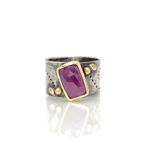 Ruby Statement Ring Wide Band Ruby Ring 14k Solid Yellow Sterling