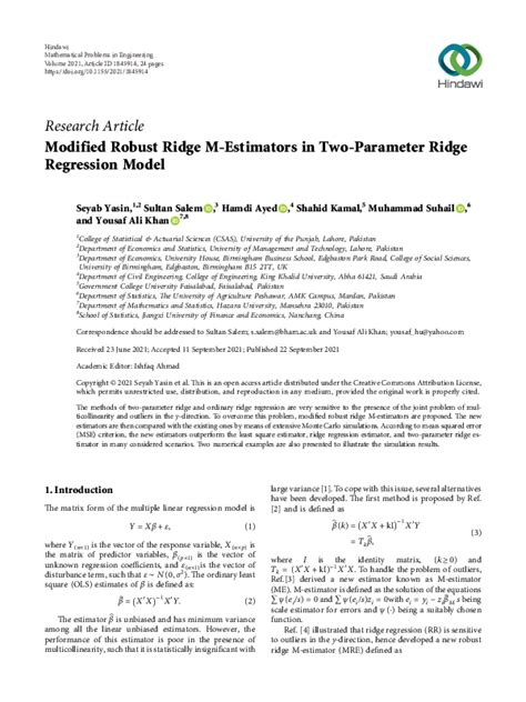 Pdf Modified Robust Ridge M Estimators In Two Parameter Ridge