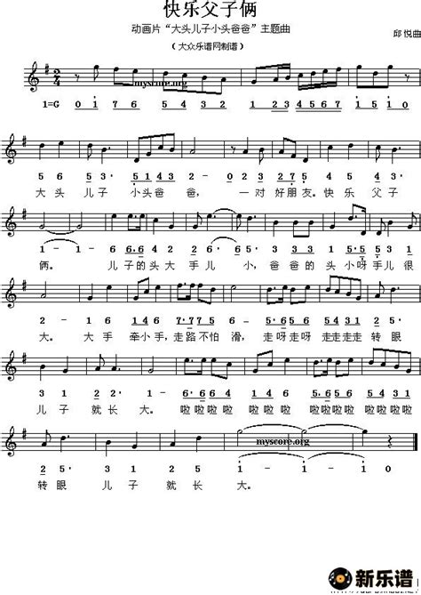 《快乐父子俩（动画片《大头儿子小头爸爸》主题曲）（线简谱混排版）》最新曲谱 钢琴谱吉他谱 新乐谱