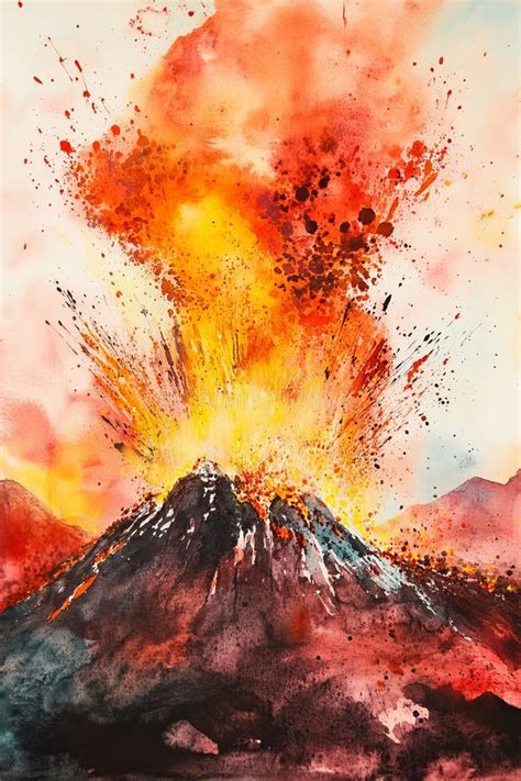 Vibrant Watercolor Painting Of An Explosive Volcano Eruption With Fiery