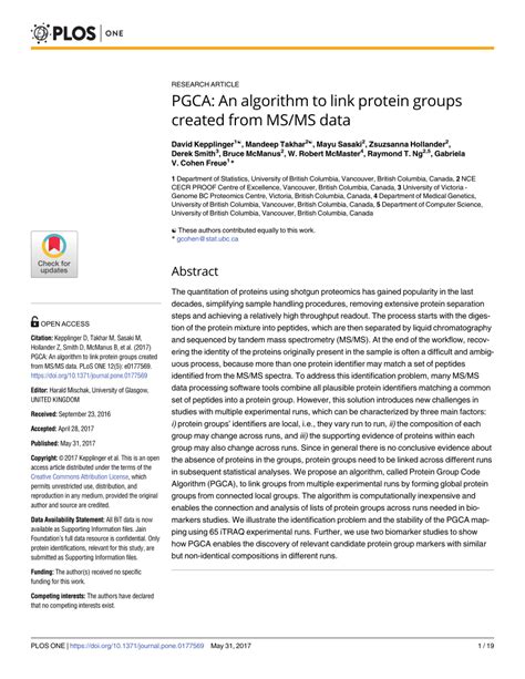 PDF PGCA An Algorithm To Link Protein Groups Created From MS MS Data