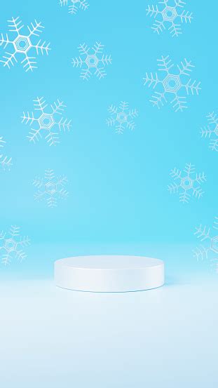 흰색 실린더 베이스와 하늘색 배경에 눈송이 쌀쌀한 공간 0명에 대한 스톡 사진 및 기타 이미지 0명 3차원 형태 강단 Istock