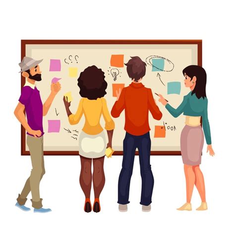 4 Colleagues Brainstorm Using Sticky Notes On Board Stock Vectors And