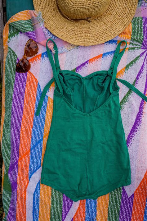 1940s Pin Up Swimsuit Green Cotton Web Foot Open Back Etsy