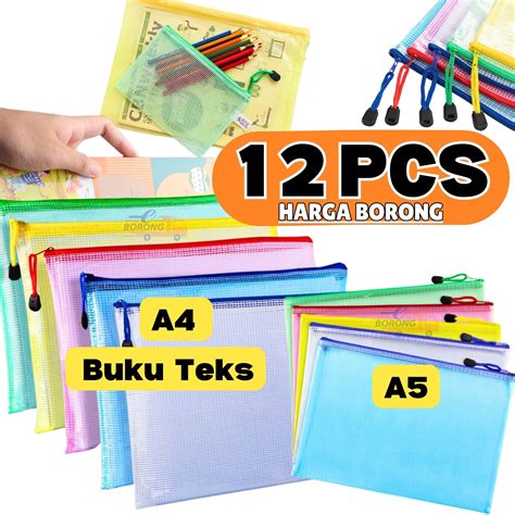 Borong【12pcs】a4 Zipper File Mesh Folder Thick Tebal Office Document Organizer Fail Pvc Dokumen