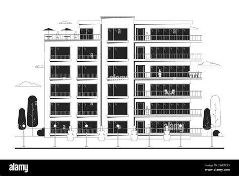 Flats Condominium With Balconies Black And White Cartoon Flat