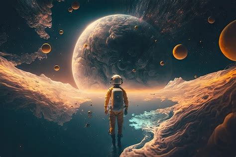 Premium AI Image Artistic Astronaut Surrounded By Breathtaking View