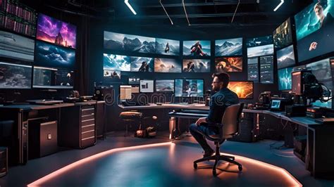 Professional In Hightech Command Center With Multiple Monitors And Media Setup Stock Image