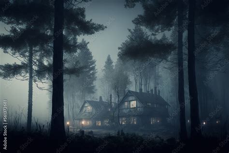Poster A Tavern In A Foggy Medieval Twilight Forest Village Created By