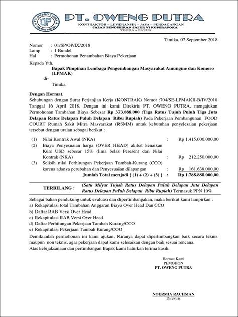 Contoh Surat Permohonan Penambahan Anggaran Ke Bupati Surat