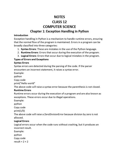 class xii computer science notes chapter 1 chapter 1 exception handling