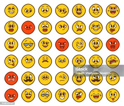 흰색 배경에 격리된 만화 스타일로 다양한 감정을 보여주는 이모티콘 세트 재미 있는 얼굴 클립 아트입니다 괴짜에 대한 스톡 벡터 아트 및 기타 이미지 Istock