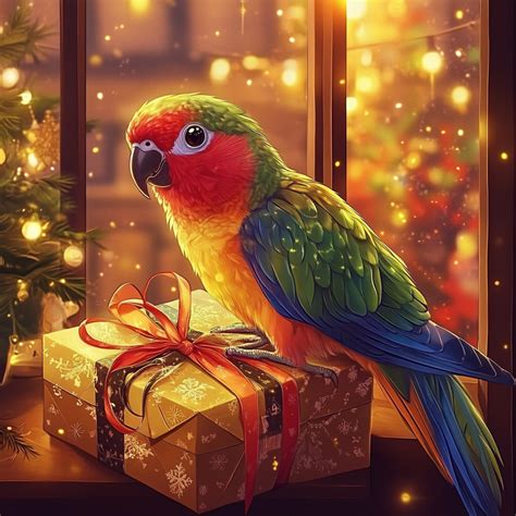 한국의 전통적인 포토카드 포장을 하는 앵무새 화려한 색상의 깃털을 가진 앵무새가 포장지 위에 앉아 있는 모습 아기자기한 디자인의 포장지와 리본이 함께 있는 장면 따뜻한