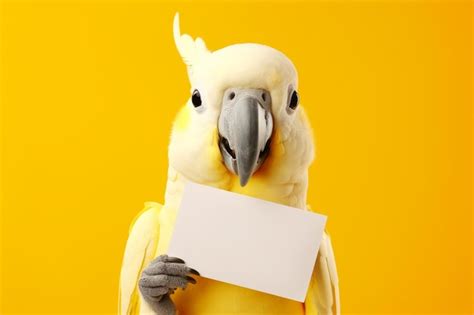 Premium Photo Cute Cockatoo Parrot Holds In Its Paws White Sheet Of