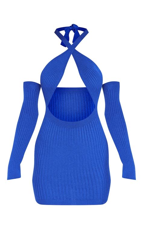 Bright Blue Soft Rib Knit Halter Neck Dress Knitwear