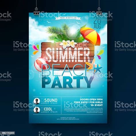 나무 질감 배경 인쇄 상의 요소 벡터 여름 해변 파티 전단지 디자인 여름 자연 꽃 요소 열 대 식물 꽃 비치 볼과 흐린 하늘색으로 양산 배너 전단지 초대장 포스터에 대 한