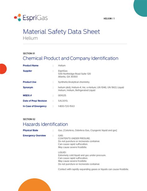Helium Gas Safety Data Sheet Esprigas