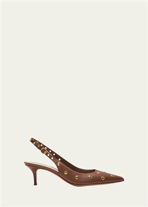 Gianvito Rossi Grommet Leather Kitten Heel Slingback Pumps Cuoio