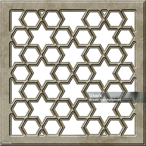 Mashrabiya 아랍어 창틀입니다 아라베스크 3d 그릴 패턴입니다 별과 육각형 모양으로 만든 이슬람 기하학 장식 격자 배경입니다 예술적 금속 주조 고립 된 그림 3차원