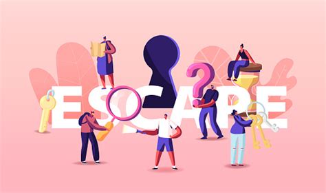 탈출 방 개념 퀘스트 게임을 하는 작은 캐릭터는 수수께끼 동안 퍼즐을 해결합니다 친구 회사 모험 레크리에이션 키와 모래 시계 포스터 배너 전단지를 가진 사람들 만화 벡터