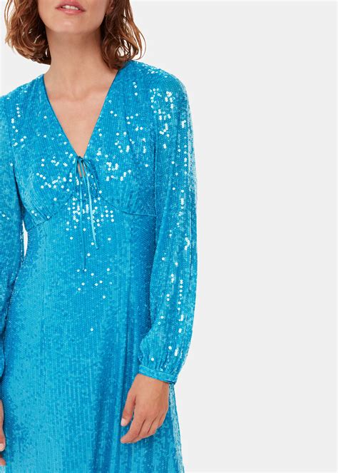 Blue Long Sleeve Sequin V Neck Midi Dress Whistles Whistles Uk