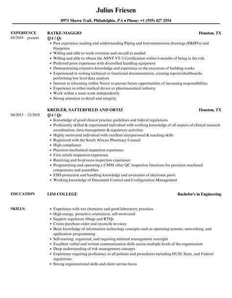 Qa Qc Resume Samples Velvet Jobs