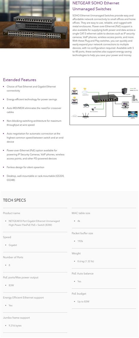 Netgear Gs308pp Soho 8 Port Gigabit Poe Unmanaged Switch W 83w Budget Gs308pp 100ajs Mwave