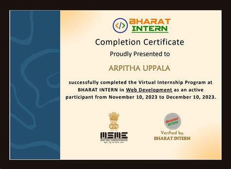 arpitha uppala on linkedin webdevelopment bharatinternship