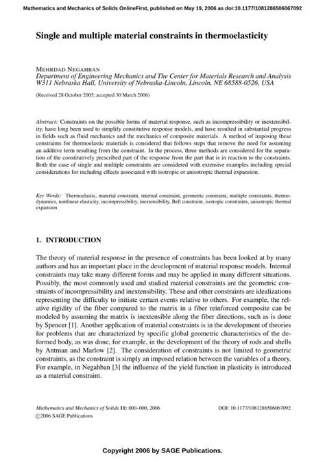 Pdf Single And Multiple Material Constraints In Thermoelasticity