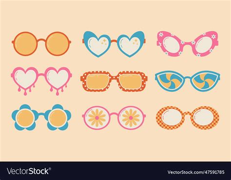 Collection Of Groovy Hippie Sunglasses In Flat Vector Image