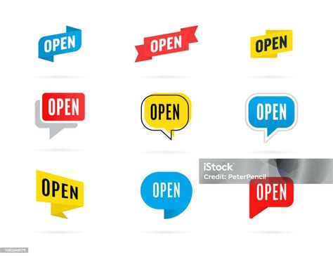 오픈 세트 배너 말풍선 레이블 리본 알림 템플릿 텍스트가 있는 벡터 스톡 일러스트레이션 개체 그룹에 대한 스톡 벡터 아트 및