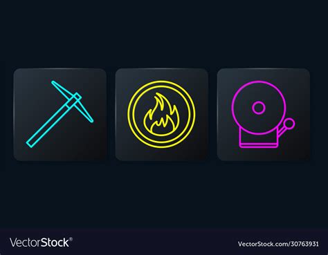Set Line Pickaxe Ringing Alarm Bell And Fire Vector Image