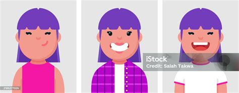 보라색 머리를 가진 행복 한 미소 짓는 여자의 평면 초상화 세트 다양한 포즈와 의상 프로필 사진 벡터 일러스트 레이 션에 컬러 만화 캐릭터 여성의 컬렉션 T 셔츠에 대한