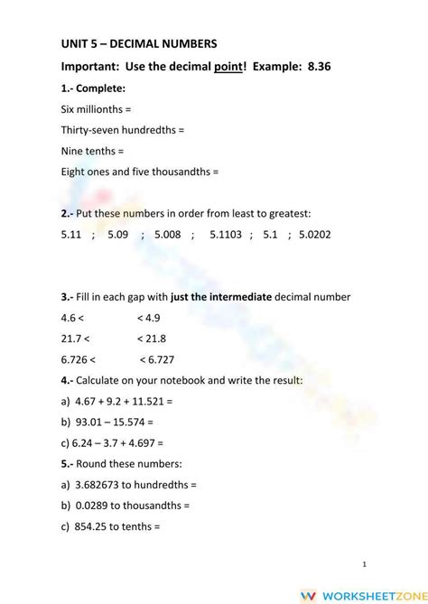 Decimal Numbers Worksheet