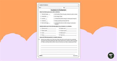 Conductors And Insulators Worksheet Teach Starter