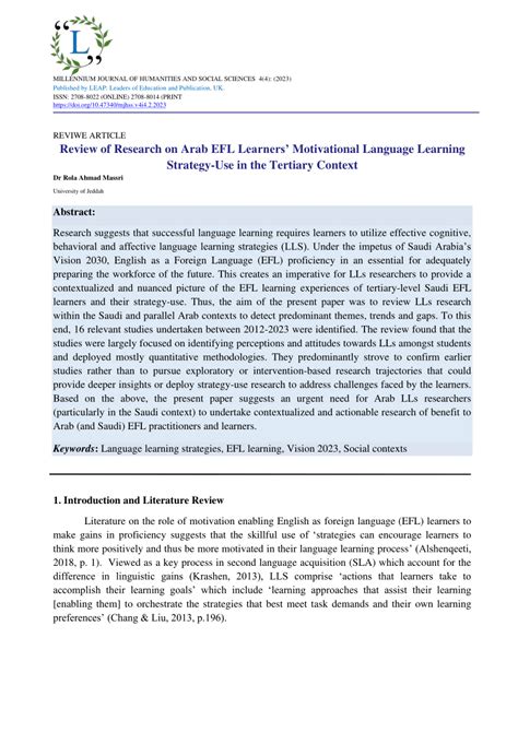 Pdf Review Of Research On Arab Efl Learners Motivational Language Learning Strategy Use In