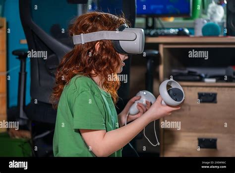 Redhead Teen Girl At Home In Living Room Put On Vr Helmet To Enjoy
