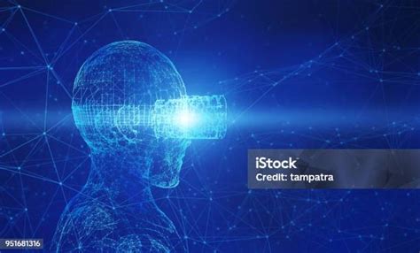 개요 인간의 파란색 배경에 가상 현실 안경 착용 미래 기술 개념 3 차원 일러스트 레이 션에에서 인공 지능 로봇에 대한 스톡 사진 및 기타 이미지 Istock