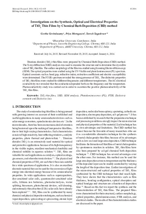 Pdf Investigations On The Synthesis Optical And Electrical Properties Of Tio2 Thin Films By