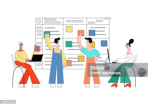 스크럼의 벡터 일러스트 레이 션 소프트웨어 개발에 팀워크의 계획 기법 모임에 대한 스톡 벡터 아트 및 기타 이미지 모임