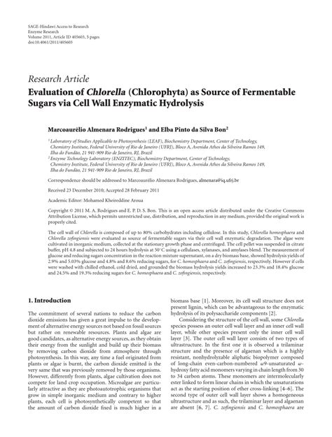 Pdf Evaluation Of Chlorella Chlorophyta As Source Of Fermentable Sugars Via Cell Wall