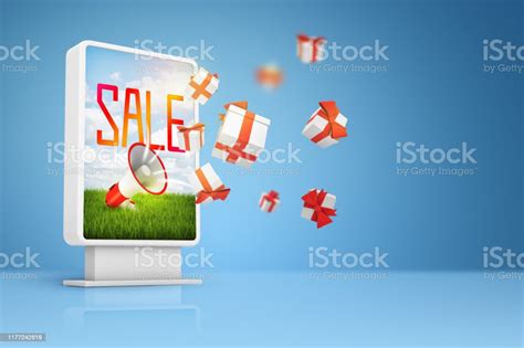 메가폰 빨간색 Sale 사인 및 파란색 배경에 날아다니는 선물 상자가 있는 작은 광고판의 3d 렌더링 3차원 형태에 대한 스톡