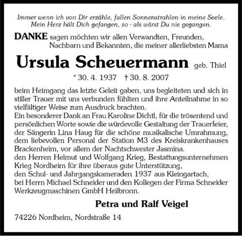 Traueranzeigen Von Ursula Scheuermann Trauerundgedenken De