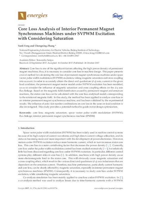 Pdf Core Loss Analysis Of Interior Permanent Magnet Synchronous Machines Under Svpwm