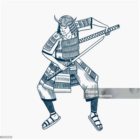 Prajurit Samurai Jepang Dengan Sketsa Senjata Pria Dalam Pertarungan