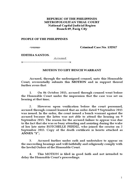 Motion To Lift Bench Warrant Editha Santos Pdf Public Sphere