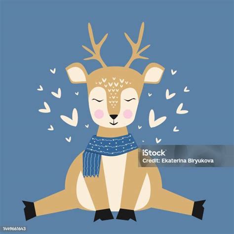 목에 따뜻한 니트 스카프를 두른 귀여운 겨울 사슴 뿔이 있는 귀여운 사슴이 발굽으로 발을 벌리고 앉아 있고 하트가 있는 만화