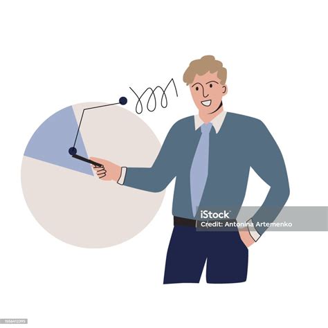 창조적 인 사업 개념입니다 자신감 넘치는 젊은이가 플립 차트 근처에 서서 차트와 다이어그램을 가리키고 있다 가리키기에 대한 스톡