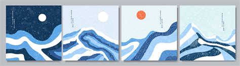 벡터 손으로 그린 그림입니다 추상 플랫 미니멀리스트 디자인 풍경 세트 겨울 추운 눈 시즌 복고풍 자연 그래픽 맑은 하늘 손으로 그린 산 소셜 미디어 웹 템플릿을위한 디자인